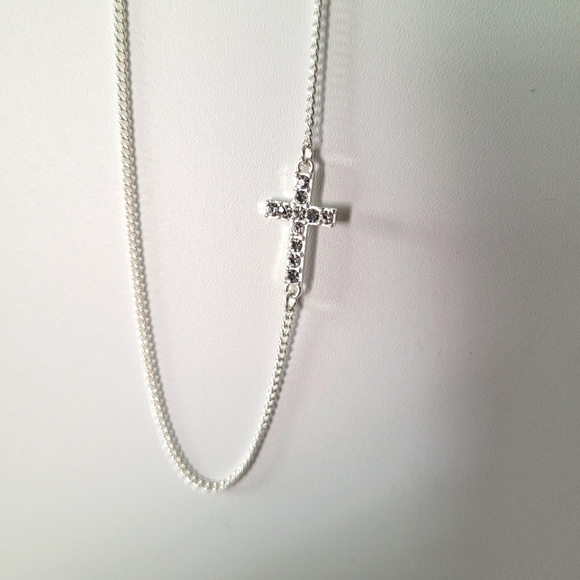 Jewelry | Cross Neckless Offcentered Silver With Rhinestones New | Poshmark